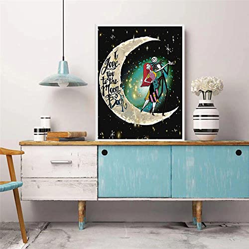 honrtreb DIY 5D Diamond Painting Halloween by Number Kits for Adults,Diamond Painting Jack and Sally with Moon,Round Full Drill Diamond Art Kits Craft for Home Wall Decor 11.8x15.7 inch