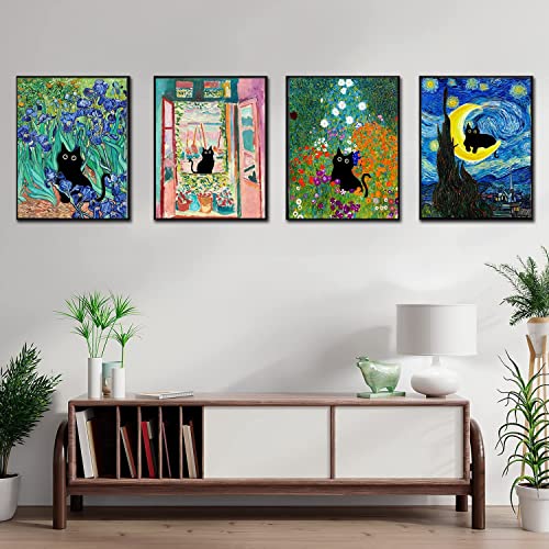 Adult & Kids 5D Diamond Painting Set - 4 Pieces, Round Diamond Digital Painting Kit, DIY Beginner Black Cat Diamond Art Kit, Matisse Van Gogh Living Room Bedroom Decoration (11.8x15.7)