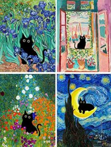 adult & kids 5d diamond painting set - 4 pieces, round diamond digital painting kit, diy beginner black cat diamond art kit, matisse van gogh living room bedroom decoration (11.8x15.7)