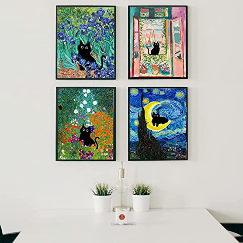 Adult & Kids 5D Diamond Painting Set - 4 Pieces, Round Diamond Digital Painting Kit, DIY Beginner Black Cat Diamond Art Kit, Matisse Van Gogh Living Room Bedroom Decoration (11.8x15.7)