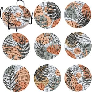 8 pcs leaves diamond painting coasters with holder, diy gray leave boho diamond art non slip coaster for adults kids beginners, diamond painting kits accessories art craft supplies