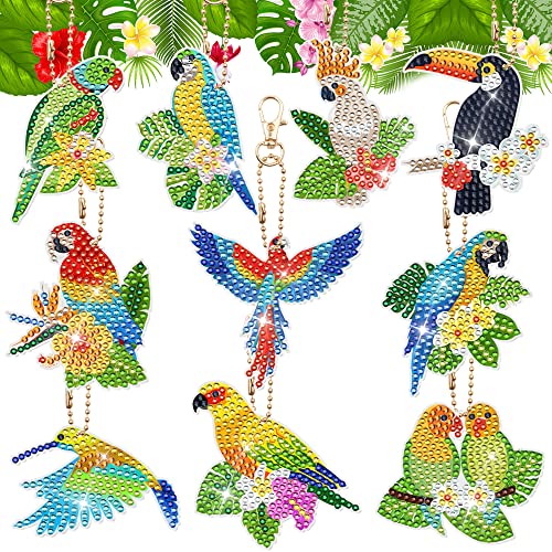 Augisteen 10 PCS Tropical Birds Diamond Painting Keychains Hawaiian Parrots Diamond Art Key Rings Luau Party Hanging Pendants Double Sided 5D Diamond Ornaments for DIY Crafts Summer Party Supplies