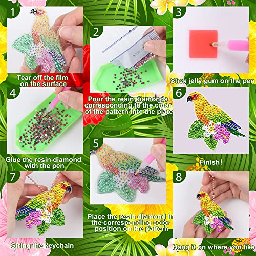 Augisteen 10 PCS Tropical Birds Diamond Painting Keychains Hawaiian Parrots Diamond Art Key Rings Luau Party Hanging Pendants Double Sided 5D Diamond Ornaments for DIY Crafts Summer Party Supplies