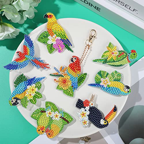 Augisteen 10 PCS Tropical Birds Diamond Painting Keychains Hawaiian Parrots Diamond Art Key Rings Luau Party Hanging Pendants Double Sided 5D Diamond Ornaments for DIY Crafts Summer Party Supplies