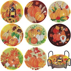 8 pcs fall diamond painting coasters pumpkin diamond art coasters 5d full drill diamond coasters kit thanksgiving drink cup coaster round with cork base holder for autumn harvest party supplies