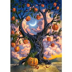 mogtaa fall diamond art kits for adults, full drill pumpkin tree diamond painting kits for adults beginner, round 5d halloween diamond dots kits gem painting arts for home decor 12x16inch