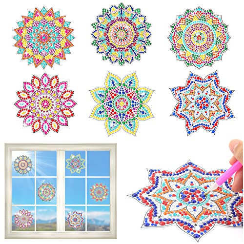 CrazyJan 6 PCS Diamond Painting Kits for Suncatchers Mandala Art Stained Glass Window Clings, DIY Diamond Art Accessories Adults & Kids Art Craft Supplies Gifts for Girls Women Children