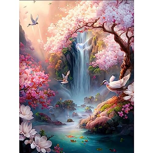 MXJSUA 5D Diamond Painting Kits for Adults,Flower Waterfall DIY Diamond Art Kits Full Round Drill Diamond Painting Kit for Kids Beginners, Crystal Picture Gem Art for Home Wall Decor 12x16In