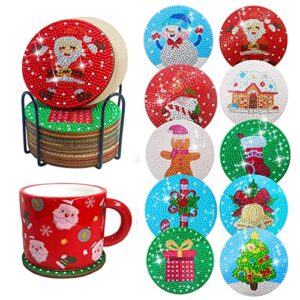 woclsnow 10 pieces diamond painting coasters with holder, 5d christmas diamond art kits for adults kids, diy christmas diamond painting coasters with holder for christmas home decor