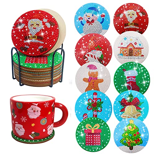 woclsnow 10 Pieces Diamond Painting Coasters with Holder, 5D Christmas Diamond Art Kits for Adults Kids, DIY Christmas Diamond Painting Coasters with Holder for Christmas Home Decor