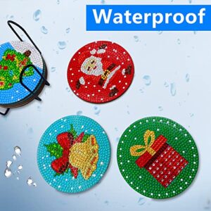 woclsnow 10 Pieces Diamond Painting Coasters with Holder, 5D Christmas Diamond Art Kits for Adults Kids, DIY Christmas Diamond Painting Coasters with Holder for Christmas Home Decor