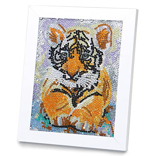 AyuqEjus 5D Diamond Painting Kits for Kids with 7.1"X7.1"Wooden Frame, Diamond Art for Kids Ages 6-12 by Number Kits DIY Painting Arts and Crafts,Diamond Dots for Kids Gift (Tiger-Cub)