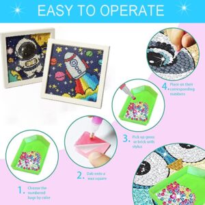 Spaceship Diamond Painting Kits for Kids Beginner with Frame 2 Pack - 5D Full Drill Round Diamond Art Rhinestone Embroidery Astronaut Gem Arts Craft for Kids, DIY Paint with Diamonds Wall Decor 7 inch