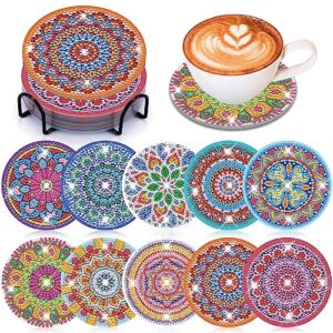 10 pcs diamond painting coasters with holder, mandala diy diamond art coasters kits for adults kids beginners art craft supplies