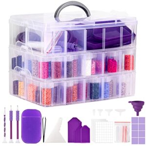 3-tier diamond painting storage container case, 100slots stackable bead organizer with lids diamond art accessories tools, diamond art storage box plastic seed storage container diamond dots organizer