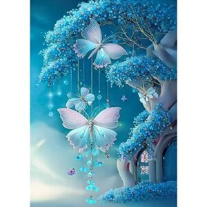 lxmsja 5d diamond art painting, blue tree diamond painting kits for adults, diy full drill crystal rhinestone butterfly arts and crafts, gem art painting with diamond home wall decor (11.8x15.7inch)