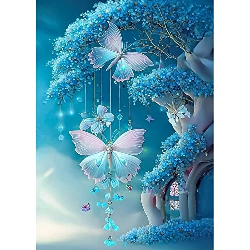 Lxmsja 5D Diamond Art Painting, Blue Tree Diamond Painting Kits for Adults, DIY Full Drill Crystal Rhinestone Butterfly Arts and Crafts, Gem Art Painting with Diamond Home Wall Decor (11.8X15.7inch)