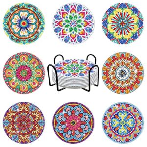 asiphitu diamond painting coasters with holder 8 pcs mandala coasters diamond art kits diy arts and crafts for adults beginners & kids