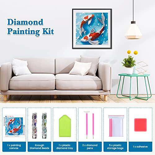 RICUVED Diamond Painting Kits for Adults, Koi Fish 5D Diamond Art Painting Kits Full Round Drill Diamond Dots Art Painting Kits, Diamond Painting for Gift Home Wall Decor 12x12 Inch