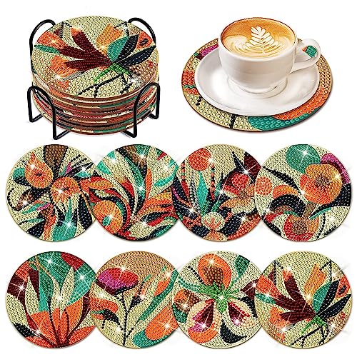 8 Pcs Painted Leaves Diamond Art Painting Coasters Kits with Holder DIY Leaves Diamond Art Coaster Non Slip Coaster for Adults Diamond Painting Kits Supplies