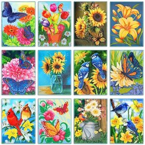 tiny fun 12 pack diamond painting kits for adults - 5d diy flower diamond art paint with round full drill diamonds for beginners, home wall decoration and gifts (12x16 inch)