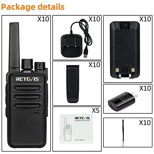 Retevis RT68 Walkie Talkie for Adults, Portable Two-Way Radios Long Range, Handsfree, 2 Way Radios Rechargeable with USB Charging Base and Adpter, for School Restaurant Retail Business(10 Pack)