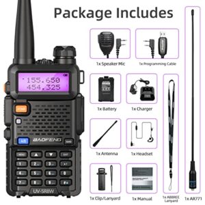 Baofeng UV-5R Radio Dual Band Ham Radios Handheld 8W High Power Two Way Radio with Double Battery Extra Programming Cable AR-771 Antenna Speaker Mic Full Kit Rechargeable Long Range Walkie Talkies