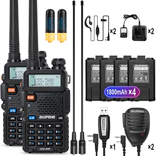 BaoFeng Radio UV-5R 2-Pack Walkie Talkies Include 4 Batteries, Handheld Ham Radio with Greaval GV-771 High Gain Antenna and Programming Cable (Black)