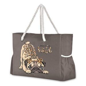 alaza large travel beach tote, cute pug dog with quote polyester handbag gym shoulder bags with cotton rope