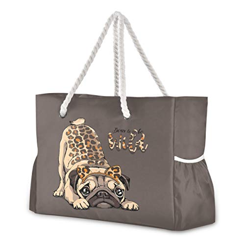 ALAZA Large Travel Beach Tote, Cute Pug Dog with Quote Polyester Handbag Gym Shoulder Bags with Cotton Rope