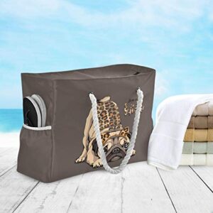 ALAZA Large Travel Beach Tote, Cute Pug Dog with Quote Polyester Handbag Gym Shoulder Bags with Cotton Rope