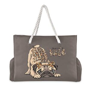 ALAZA Large Travel Beach Tote, Cute Pug Dog with Quote Polyester Handbag Gym Shoulder Bags with Cotton Rope