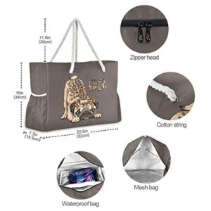 ALAZA Large Travel Beach Tote, Cute Pug Dog with Quote Polyester Handbag Gym Shoulder Bags with Cotton Rope