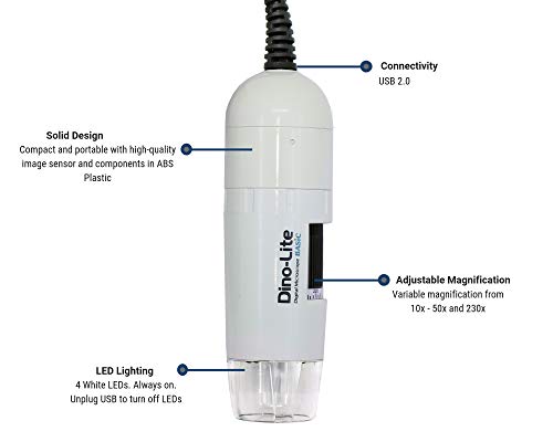 Dino-Lite USB Digital Microscope AM2111-0.3MP, 10x - 50x, 230x Optical Magnification, 4 LEDs