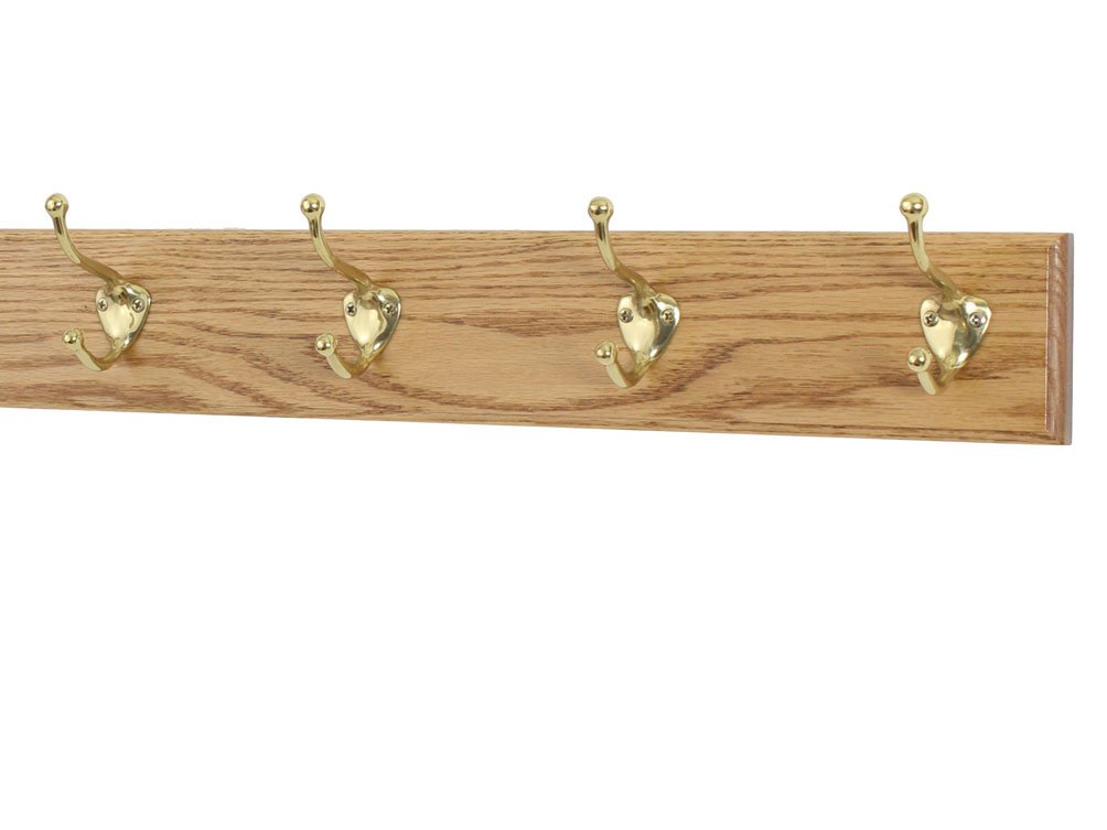 PegandRail Solid Oak Wall Mounted Coat Rack with Solid Brass Hat and Coat Style Coat Hooks - Made in the USA (Golden Oak, 3.5" x 20" with 4 hooks)