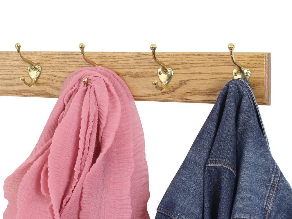 PegandRail Solid Oak Wall Mounted Coat Rack with Solid Brass Hat and Coat Style Coat Hooks - Made in the USA (Golden Oak, 3.5" x 20" with 4 hooks)