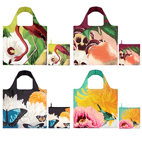 LOQI Botany Collection Pouch Reusable Bags, Multicolored, Set of 4, 19.7" x 16.5"