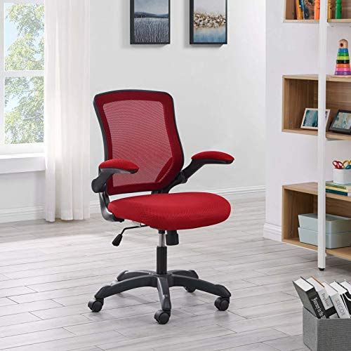 Modway Veer Office Chair with Mesh Back and Vinyl Seat With Flip-Up Arms in Red