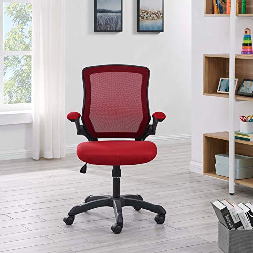 Modway Veer Office Chair with Mesh Back and Vinyl Seat With Flip-Up Arms in Red