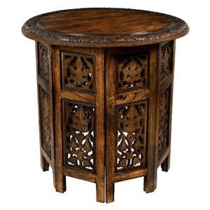 cotton craft solid wood accent end table - hand carved vintage boho folding side table - small spaces entryway farmhouse living room bedside - no tools assembly -18x18 round - jaipur antique brown