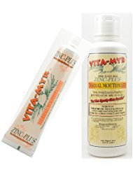 vita-myr value package 1 – 1 tube original 4 oz zinc+ natural toothpaste & 1-16 oz natural mouthwash. gluten free. vegan, no sls, no sugar, fluoride, alcohol or saccharin.