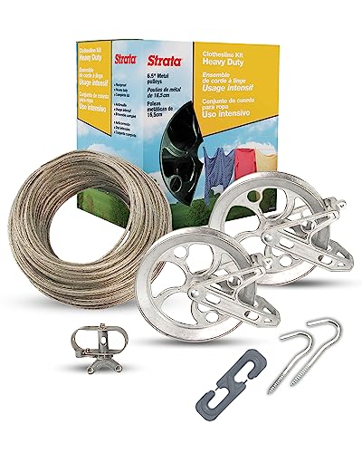 Strata Clothesline Outdoor Heavy Duty Kit - 150 Feet Galvanized Wire Gold PVC Coating, 6.5" Clothesline Pulley 2pcs, Metal Mini Winch Tightener 1pc, Plastic Spreader/Spacer 1pc & 2 Metal Hooks