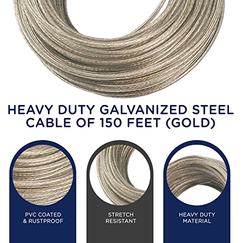 Strata Clothesline Outdoor Heavy Duty Kit - 150 Feet Galvanized Wire Gold PVC Coating, 6.5" Clothesline Pulley 2pcs, Metal Mini Winch Tightener 1pc, Plastic Spreader/Spacer 1pc & 2 Metal Hooks