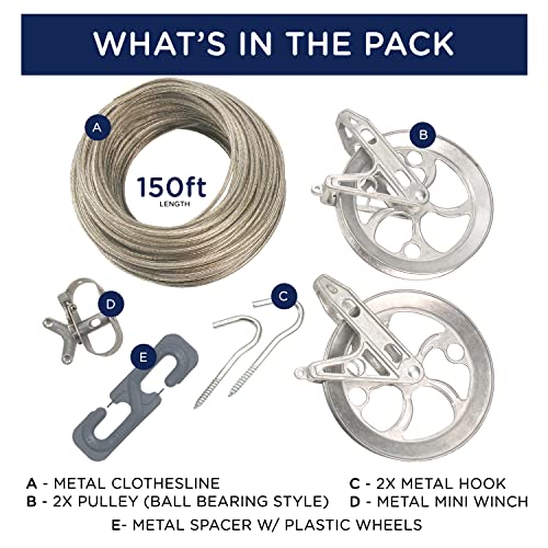 Strata Clothesline Outdoor Heavy Duty Kit - 150 Feet Galvanized Wire Gold PVC Coating, 6.5" Clothesline Pulley 2pcs, Metal Mini Winch Tightener 1pc, Plastic Spreader/Spacer 1pc & 2 Metal Hooks