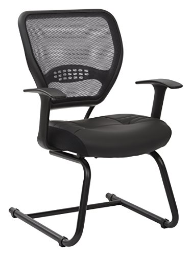 SPACE Seating Professional AirGrid Dark Back and Padded Black Eco Leather Seat, Fixed Arms and Lumbar Support Sled Base Visitors Chair