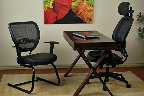 SPACE Seating Professional AirGrid Dark Back and Padded Black Eco Leather Seat, Fixed Arms and Lumbar Support Sled Base Visitors Chair