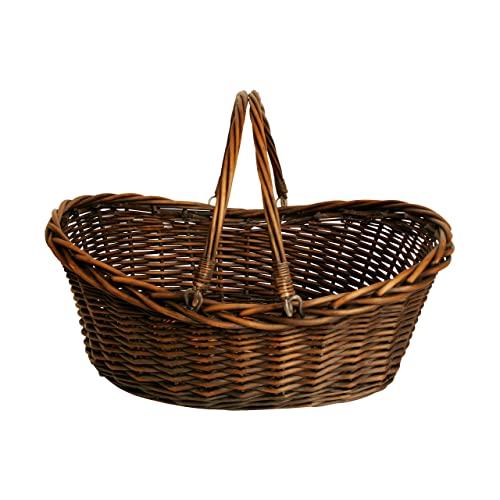 Wald Imports - Large Wicker Basket with Handle - Dark Brown Hand Woven Harvest Basket - Wicker Flower Basket for Storage, Picnics, Easter, Organizing, and More (20 x 7.5 inches)