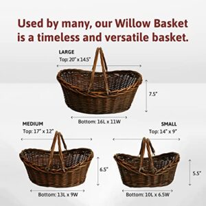 Wald Imports - Large Wicker Basket with Handle - Dark Brown Hand Woven Harvest Basket - Wicker Flower Basket for Storage, Picnics, Easter, Organizing, and More (20 x 7.5 inches)