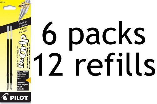 Pilot Dr. Grip Ballpoint Ink Refill, 2-Refills for Retractable Pens, Fine Point, 6-Pack, Black Ink (77210)