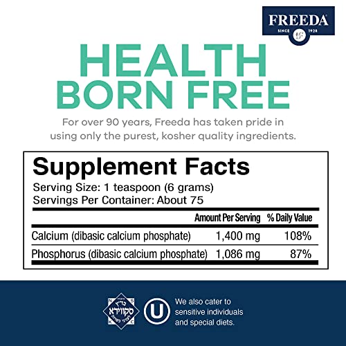 Freeda Calcium Phosphate Powder - Kosher Calcium Supplement for Men & Women, Animal Bone Health & Joint Support for Dogs & Cats - Calcium and Phosphorus Supplement - Calcium Without Vitamin D, 16oz